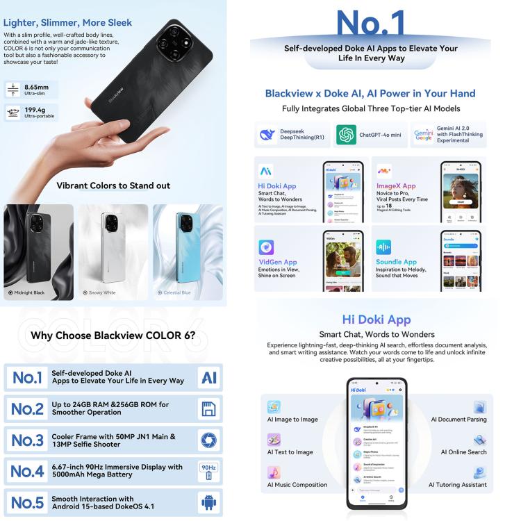 Blackview COLOR 6, 8GB+256GB, Fingerprint & Face Identification, 6.67